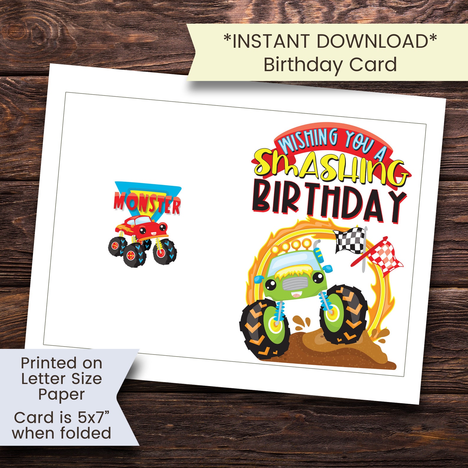Monster Truck Card, Printable Monster Truck Birthday Card, Monster ...