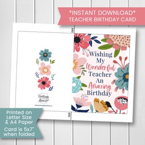 Printable Birthday Card for Teacher, Teacher Birthday Card With Flowers ...