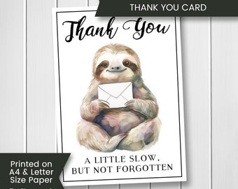 Printable Sloth Thank You Card, Belated Thank You Card for Friend ...
