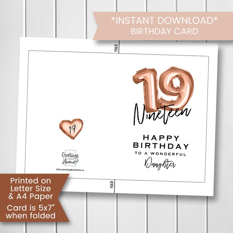 Printable 19th Birthday Card for Daughter, Nineteenth Birthday Card ...