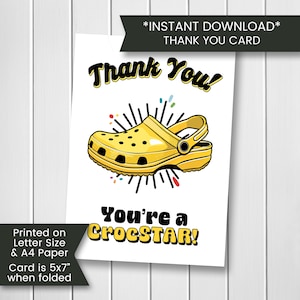 Printable Funny Thank You Card, Crocstar Thank You Card, Appreciation ...