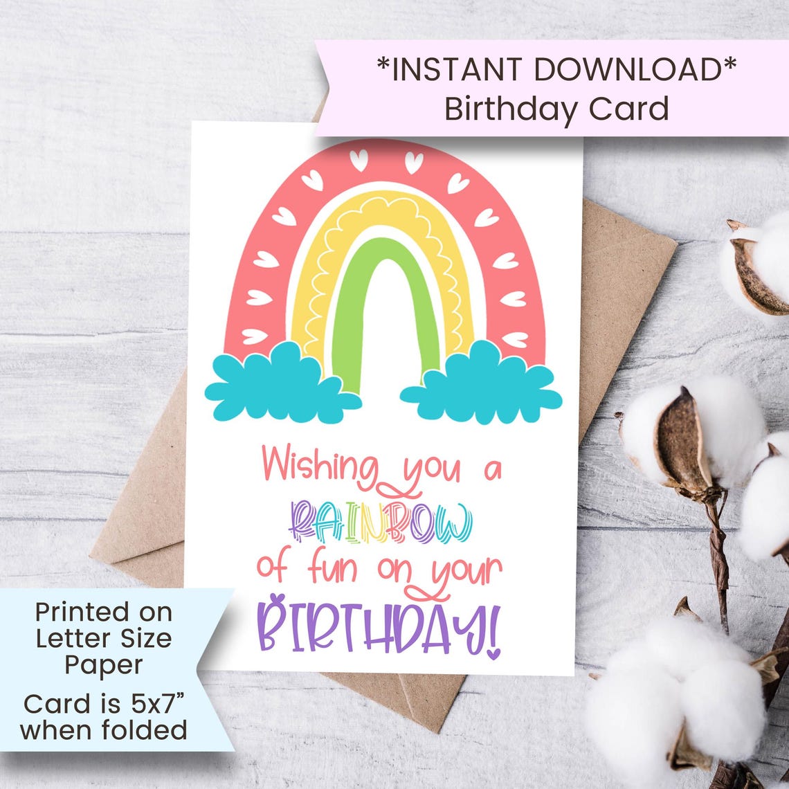 Printable Rainbow Card, Rainbow Birthday Card, Boho Rainbow, Digital ...