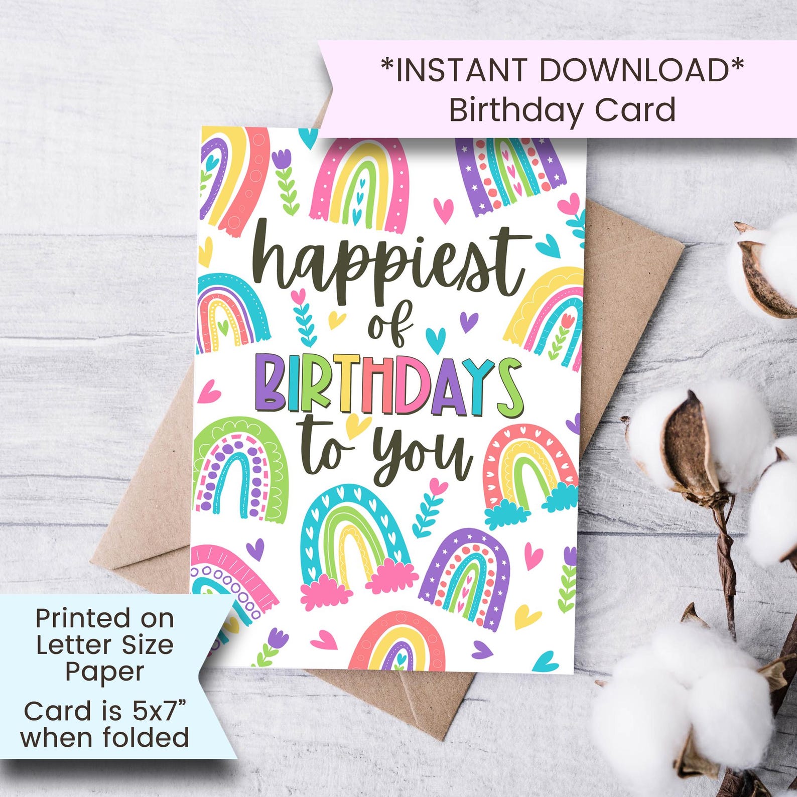 Rainbow Card, Printable Rainbow Birthday Card, Boho Rainbow Birthday ...