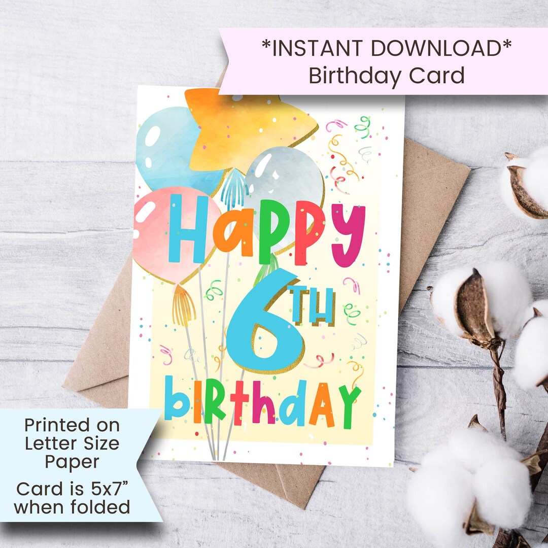 Sixth Birthday Card for Girl, Printable 6th Birthday Card, Happy ...