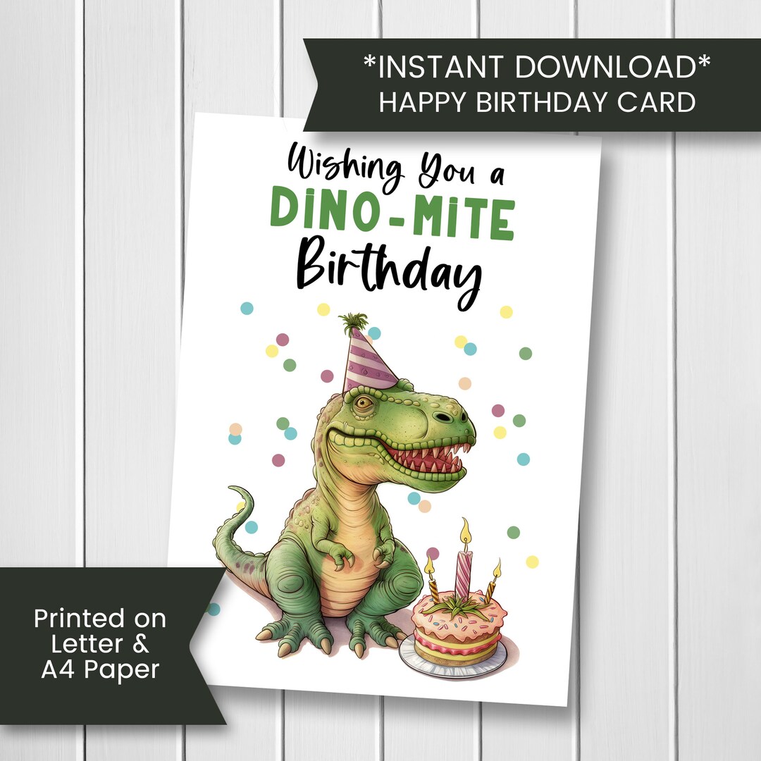 Kids Dinosaur Birthday Card for Boy, Printable Trex Birthday Card ...
