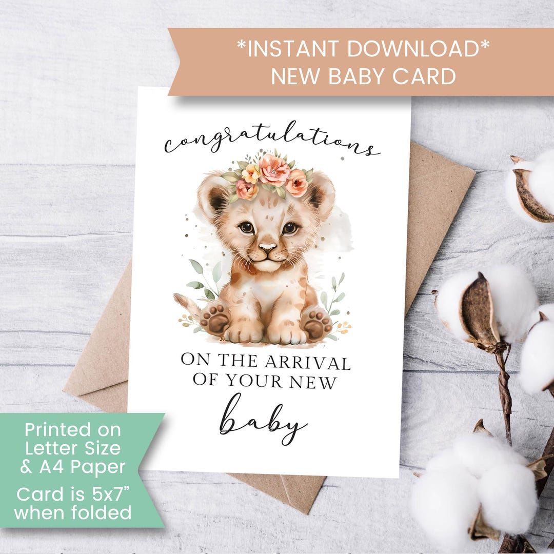 New Baby Card Printable, Congratulations on Your New Baby Card, Lion ...