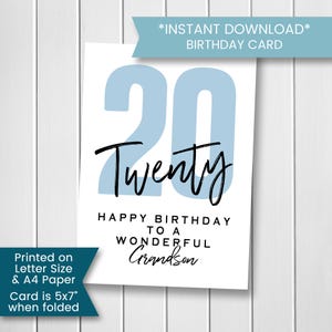 Printable 20th Birthday Card for Grandson, Twentieth Birthday Card for ...