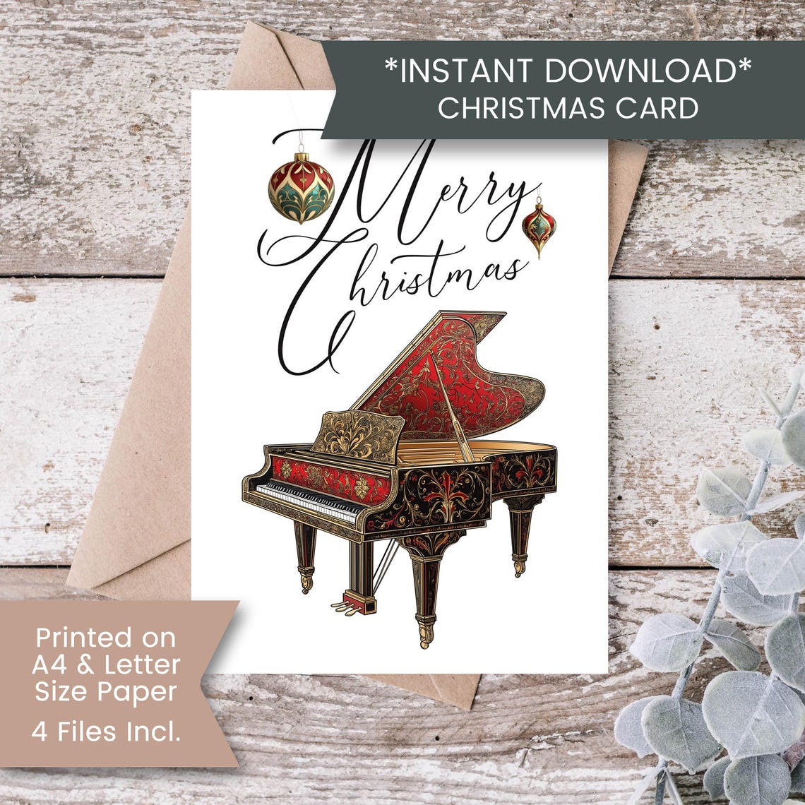 Christmas Card for Piano Teacher, Printable Grand Piano Christmas Card ...