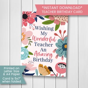 Printable Birthday Card for Teacher, Teacher Birthday Card With Flowers ...