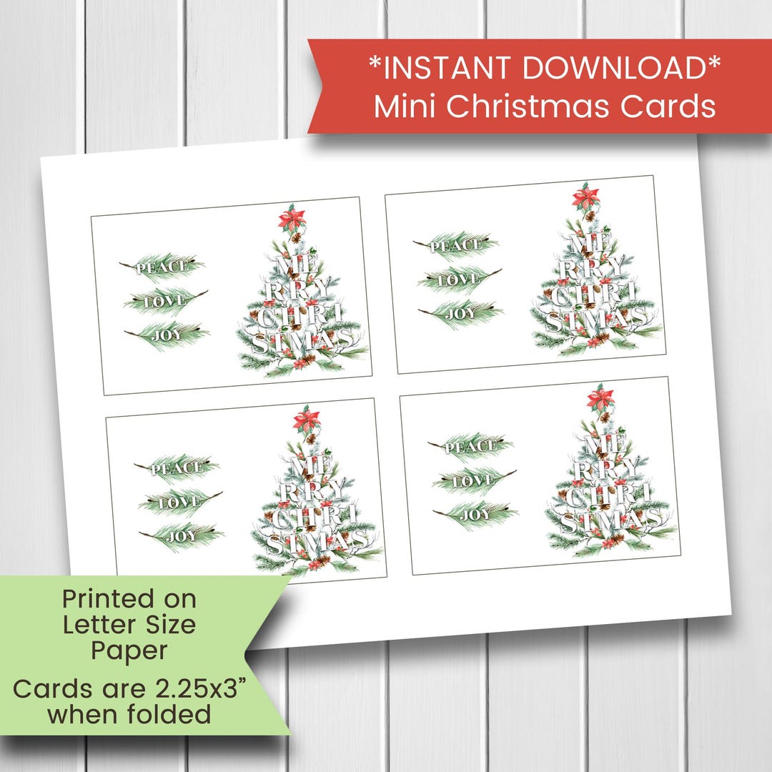 Printable Mini Christmas Cards, Mini Christmas Card, Greenery, Merry ...