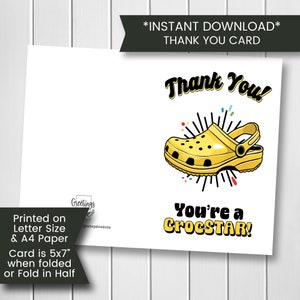 Printable Funny Thank You Card, Crocstar Thank You Card, Appreciation ...