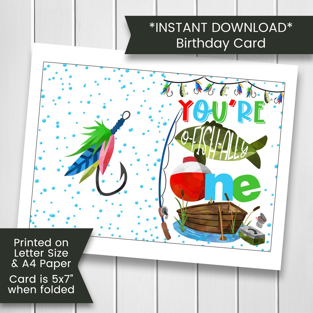 Fishing First Birthday Card, Printable Fishing Birthday Card, Birthday ...