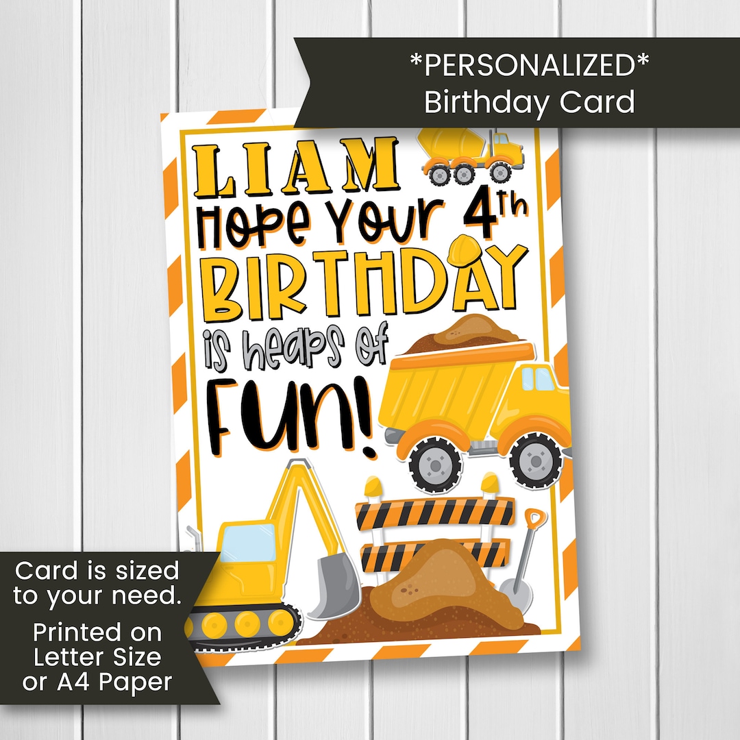 Personalized Construction Birthday Card Printable, Printable Excavator ...