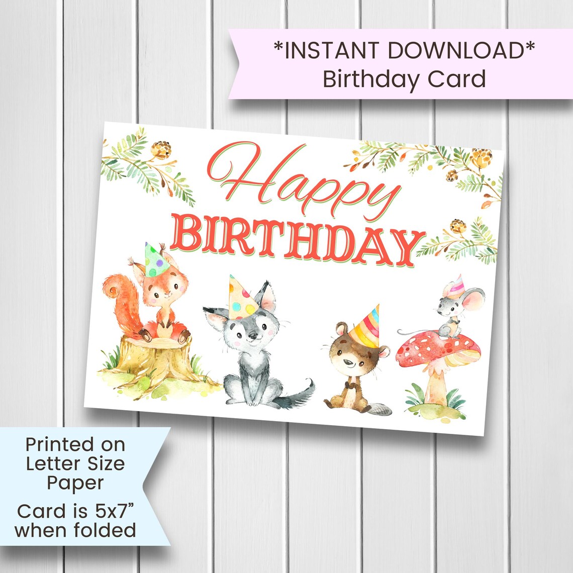 Printable Forest Birthday Card for Child, Forest Animal Birthday Card ...
