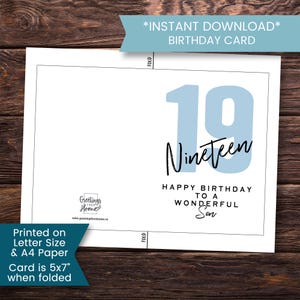 Printable 19th Birthday Card for Son, Nineteenth Birthday Card for a ...
