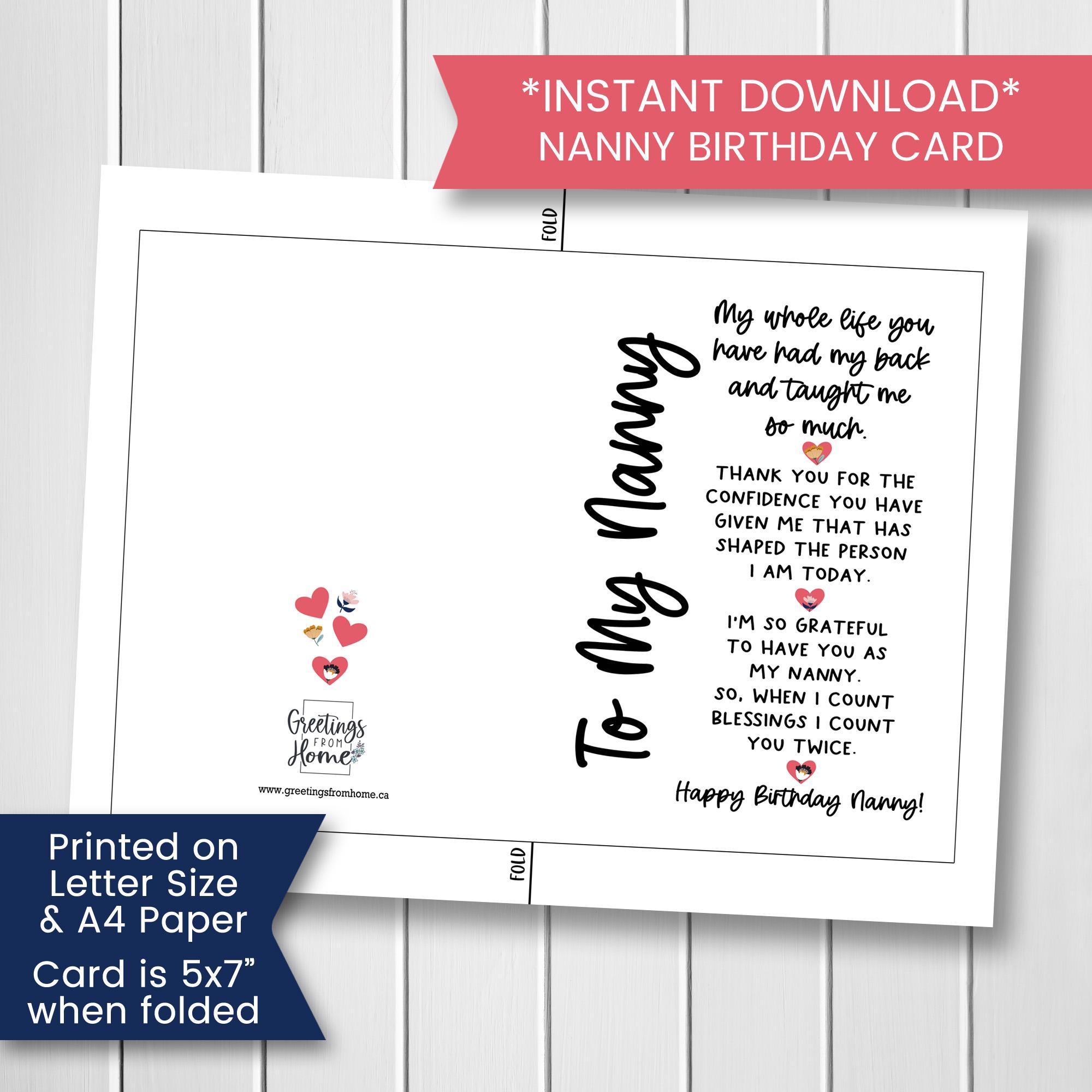 Printable Nanny Birthday Card, Birthday Card for Best Nanny, Nanny Card ...