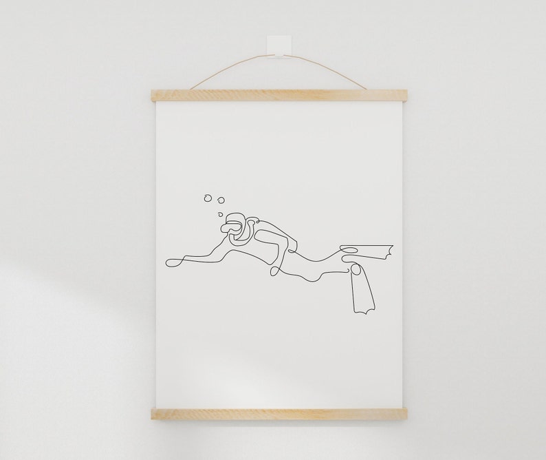Scuba Diver Minimalist Printable Line Art Diver Wall Black Lines ...