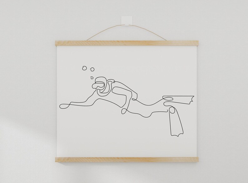 Scuba Diver Minimalist Printable Line Art Diver Wall Black Lines ...
