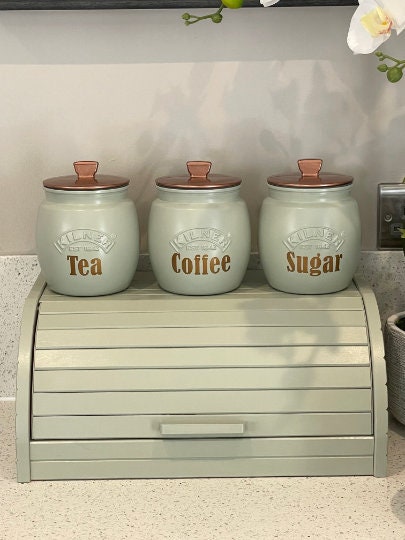 Sage Green Tea Coffee Sugar Canisters Set With Optional Bread Bin ...