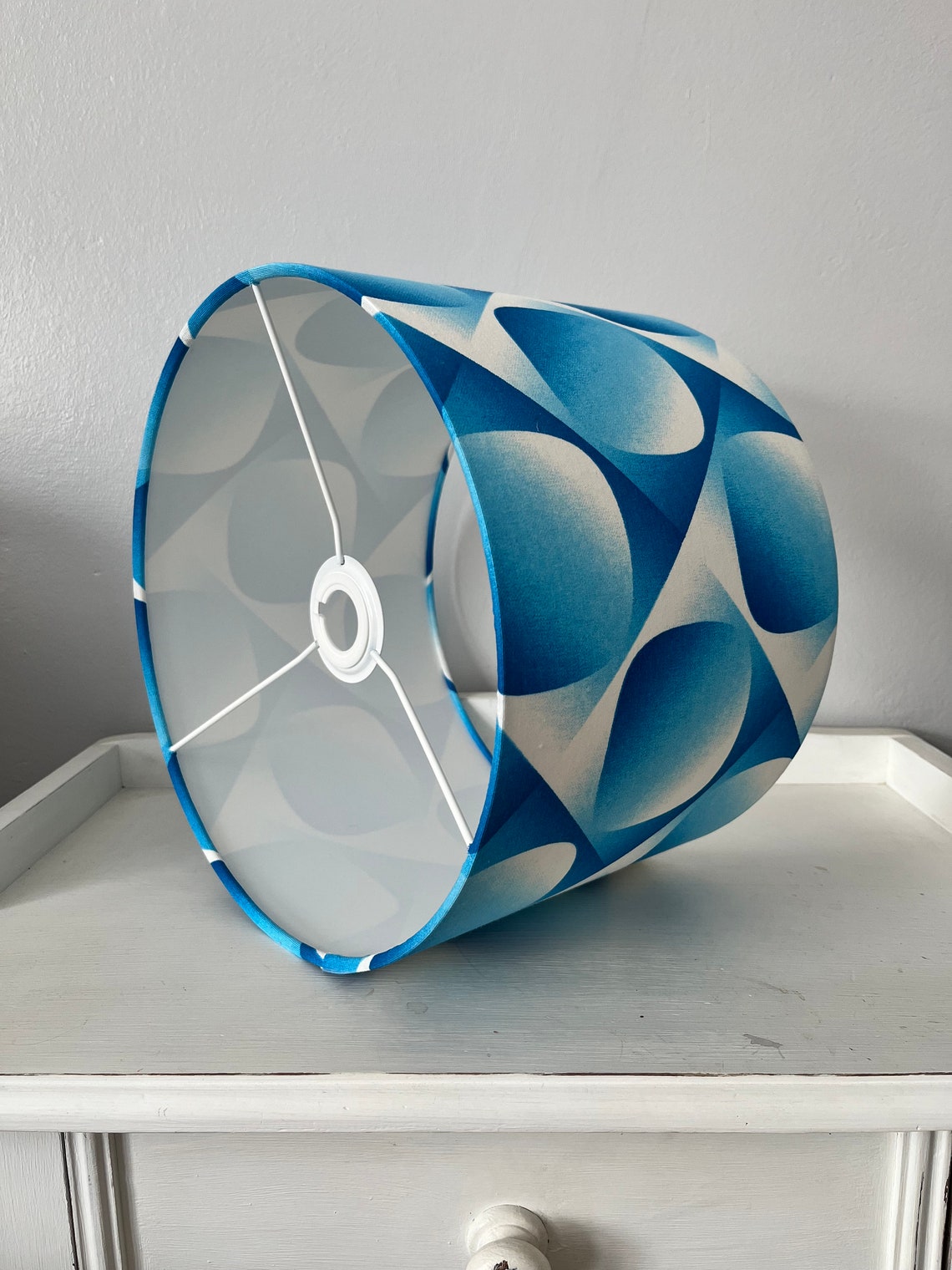 Blue and White Geometric Retro Pattern Fabric Drum Lampshade. Handmade ...