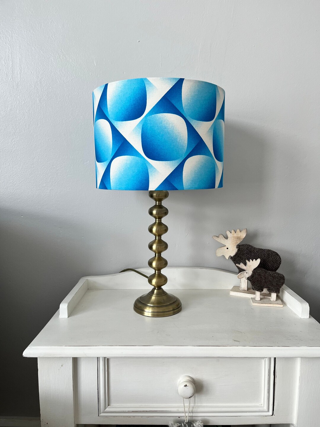 Blue and White Geometric Retro Pattern Fabric Drum Lampshade. Handmade ...
