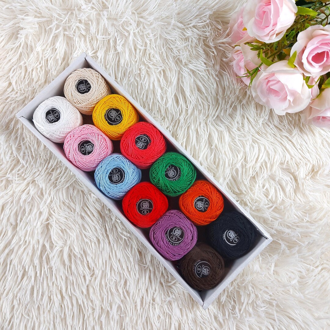 Cotton Yarn Gift Set 12 Rainbow Skeins, Size 8 Crochet Thread Bundle ...