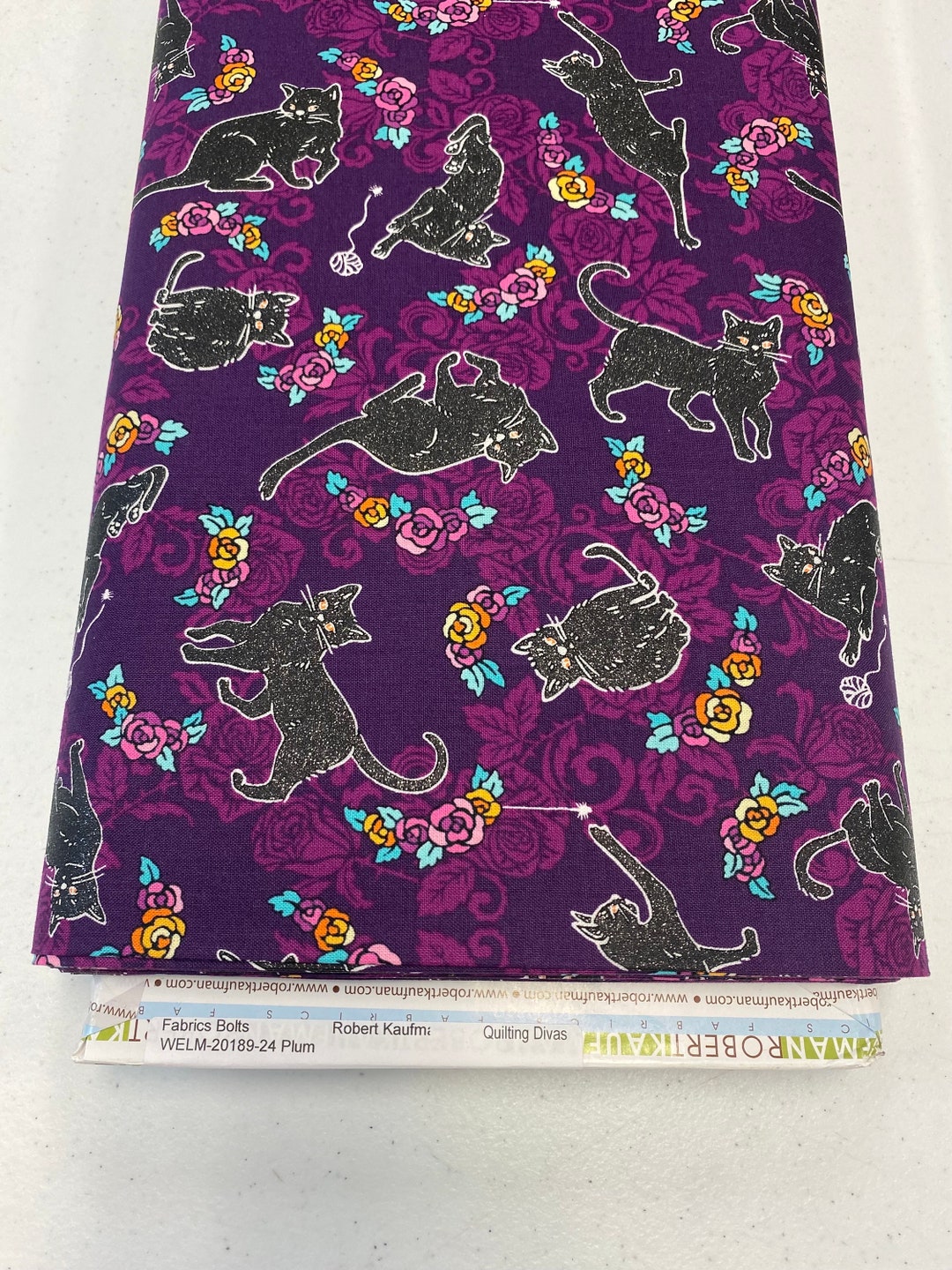 1/2 Yard Increments of WELM-20189-24 Plum Black Cats by Robert Kaufman ...