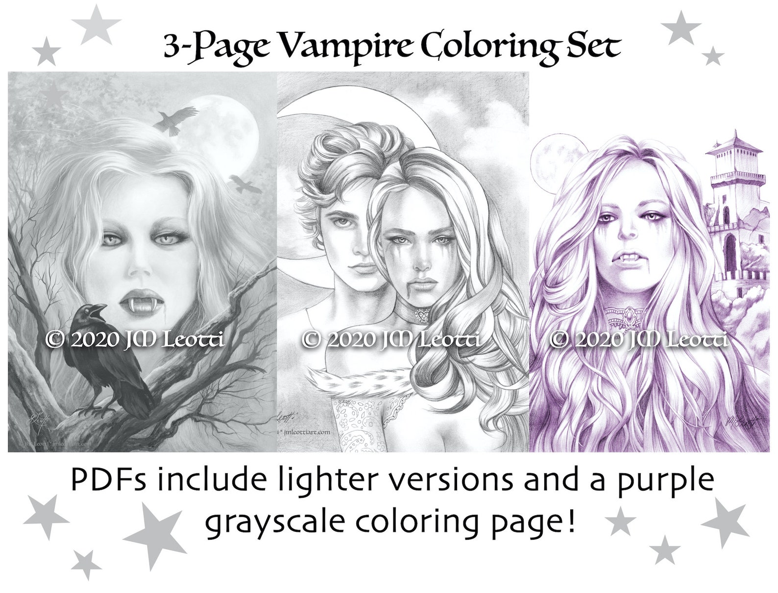Vampire Adult Coloring Page Set Grayscale Printable Instant - Etsy