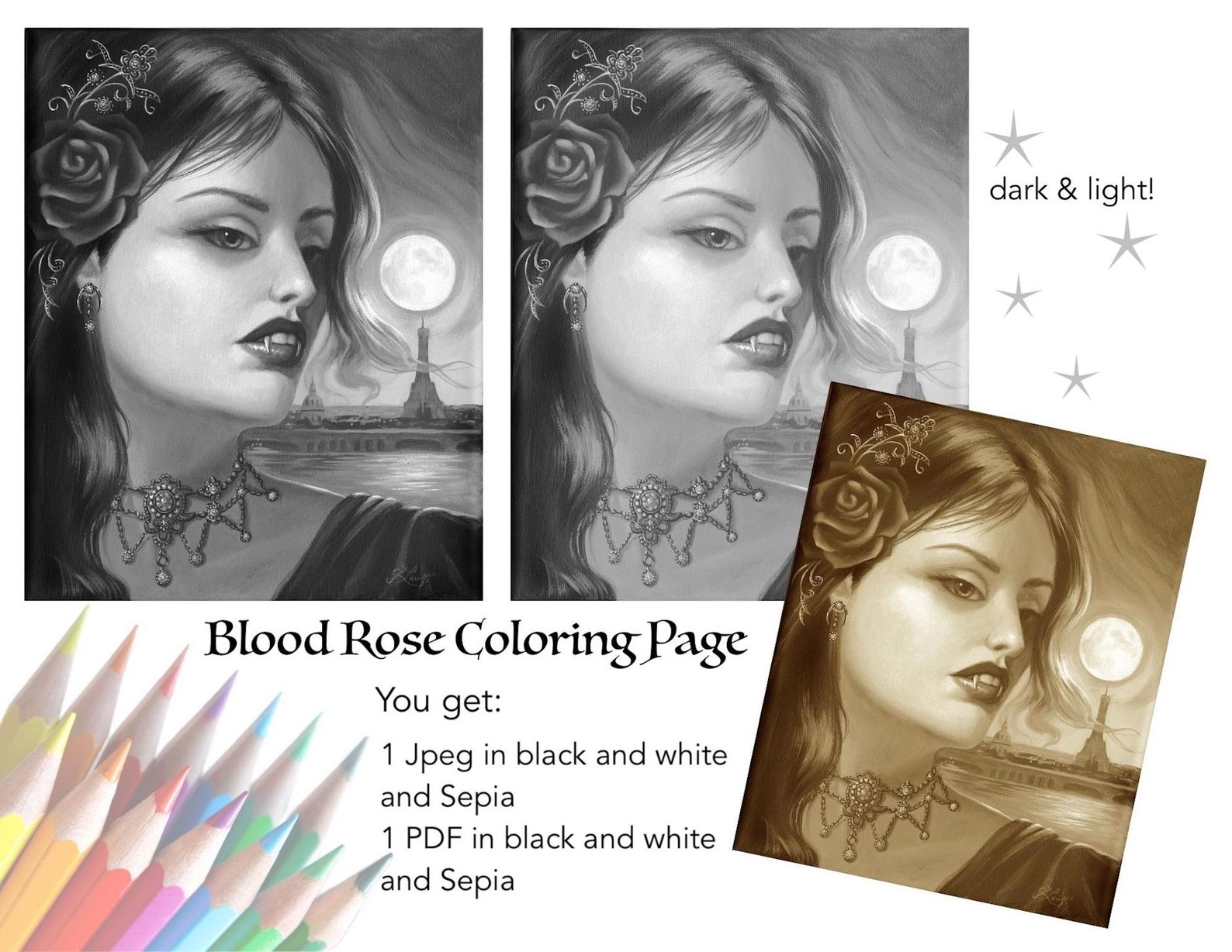 Grayscale Blood Rose Vampire Coloring Page Printable Instant | Etsy