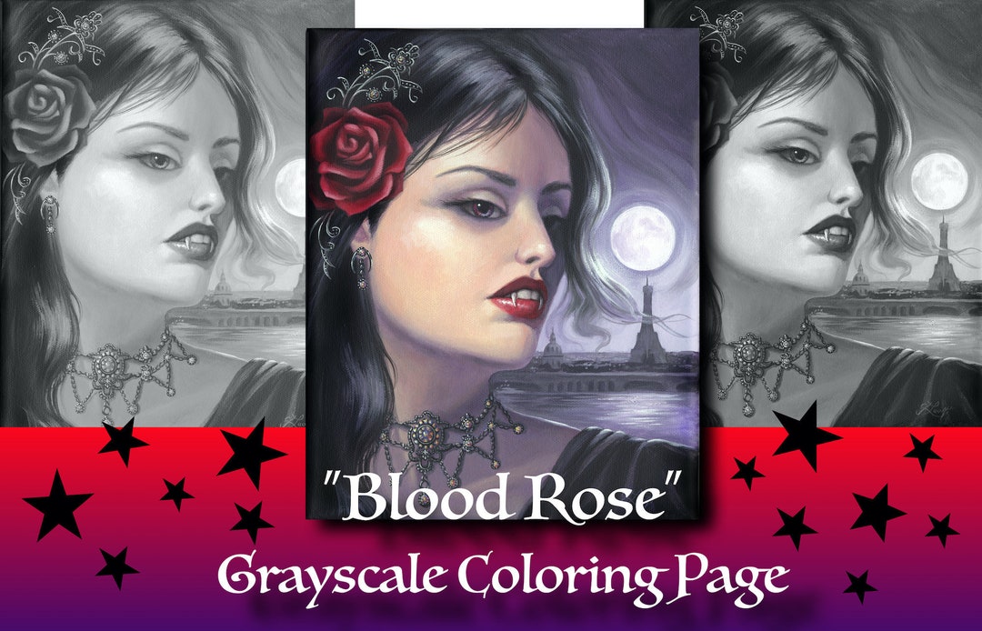 Grayscale Blood Rose Vampire Coloring Page Printable Instant - Etsy