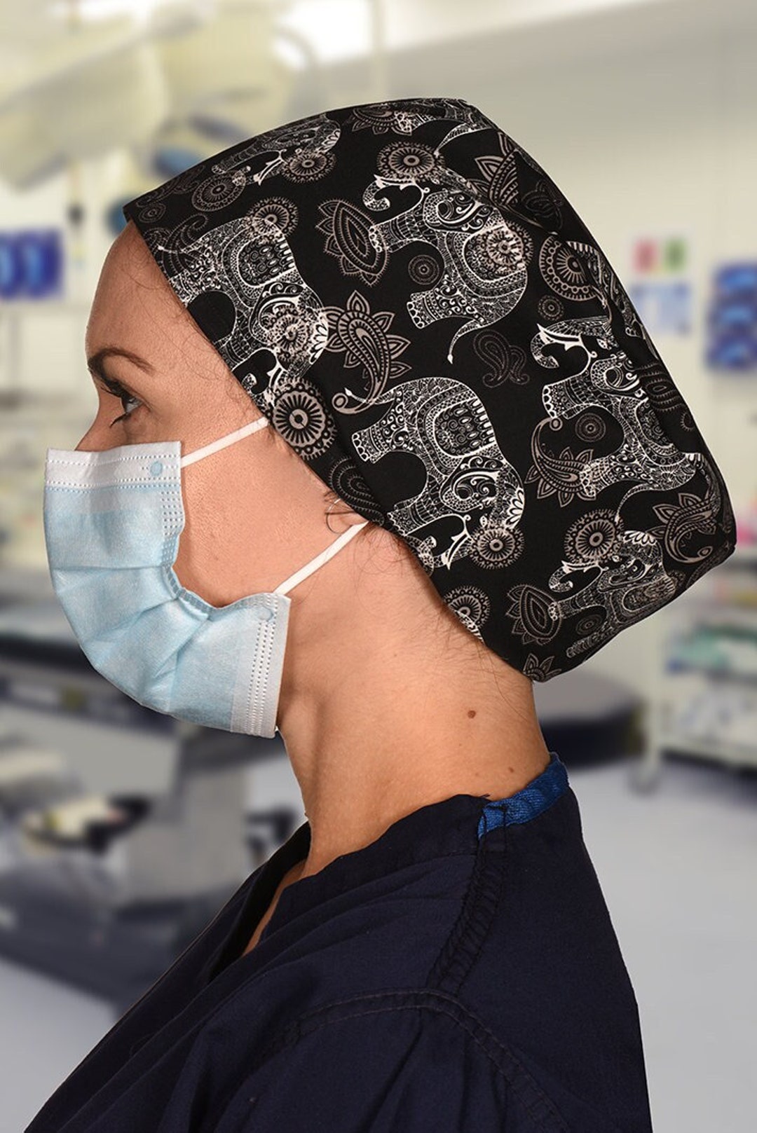 Black Elephant Print Scrub Hat: Unisex Cotton Tieback Medical Cap - Etsy