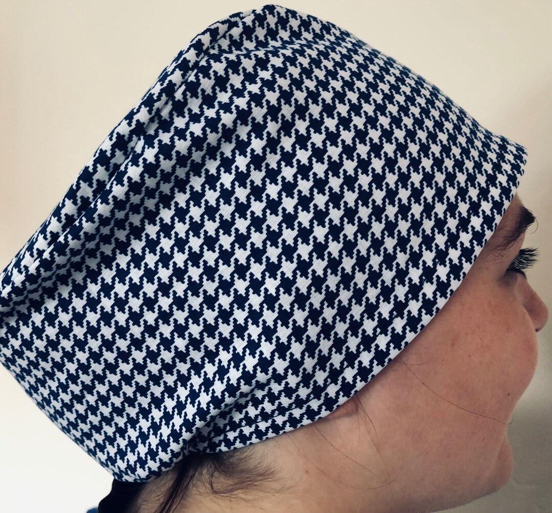 Blue Dogtooth Print Scrub Hat: Cotton Tieback Surgical Cap Doctors ...