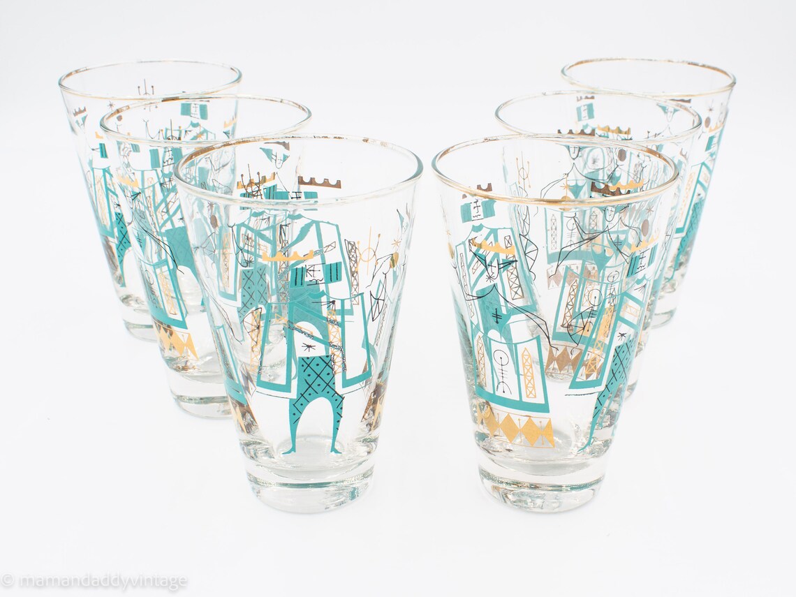 Libbey Monte Carlo Tumblers in Gold and Turquoise Set of 6 | Etsy