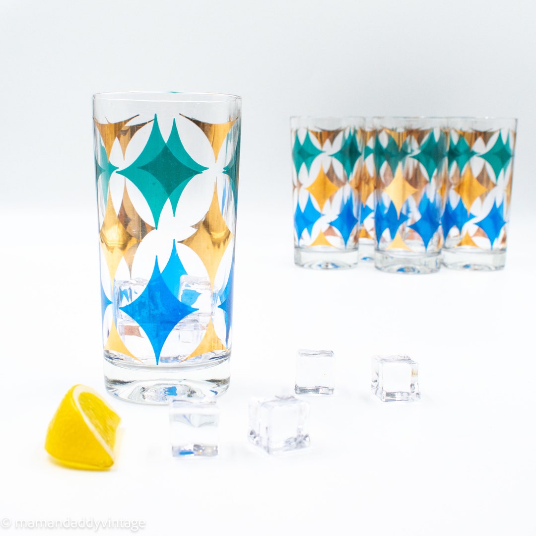 Gold, Blue, and Green Diamond Star Hazel Ware Highball Glasses - Set of ...