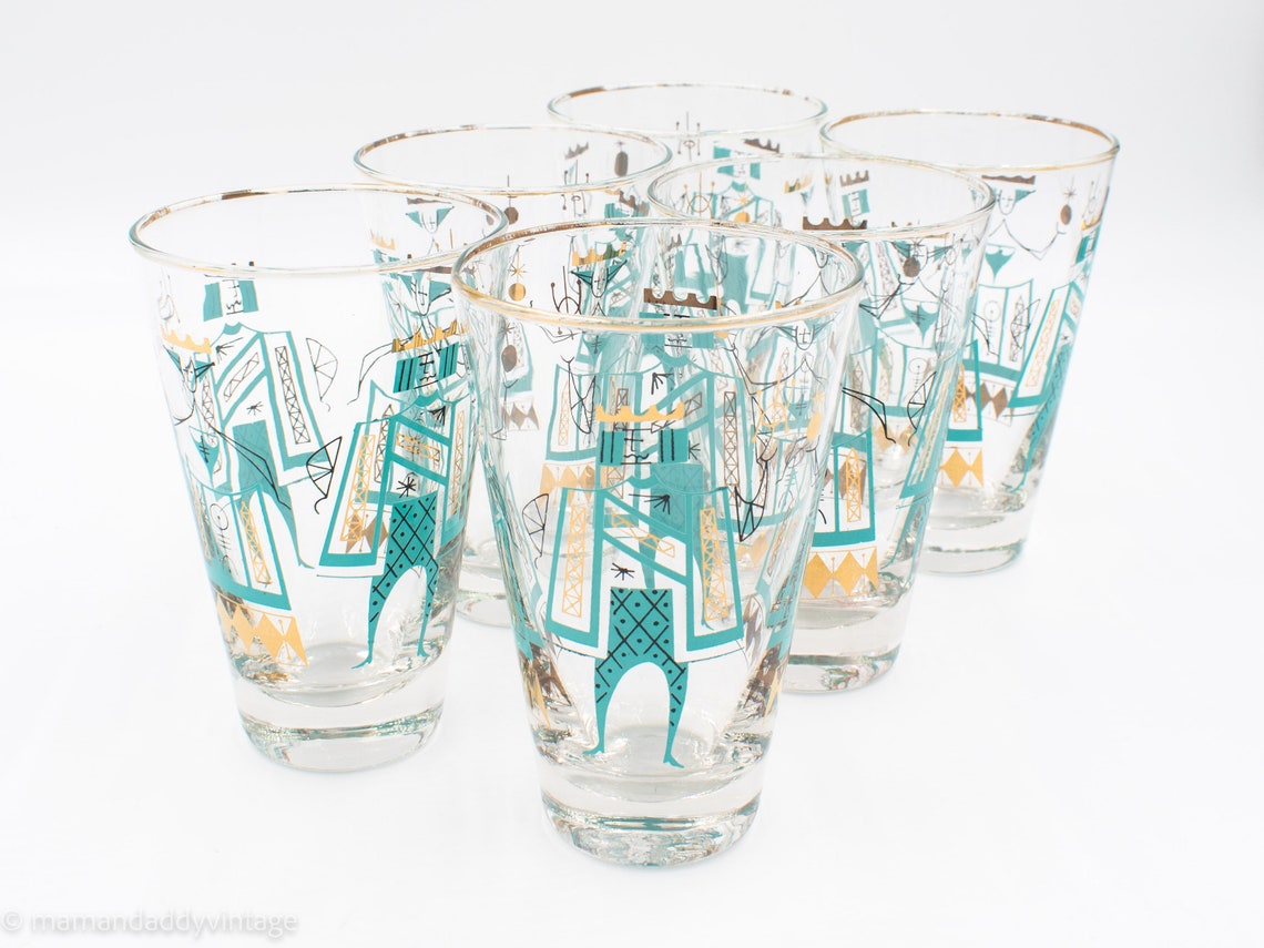Libbey Monte Carlo Tumblers in Gold and Turquoise Set of 6 | Etsy
