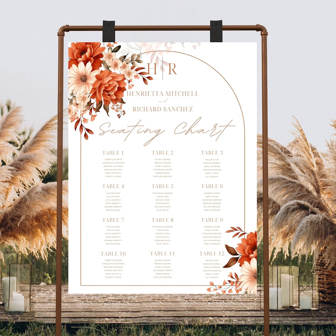 Pampas Table Seating Chart Sign Template, Editable Wedding Seating ...
