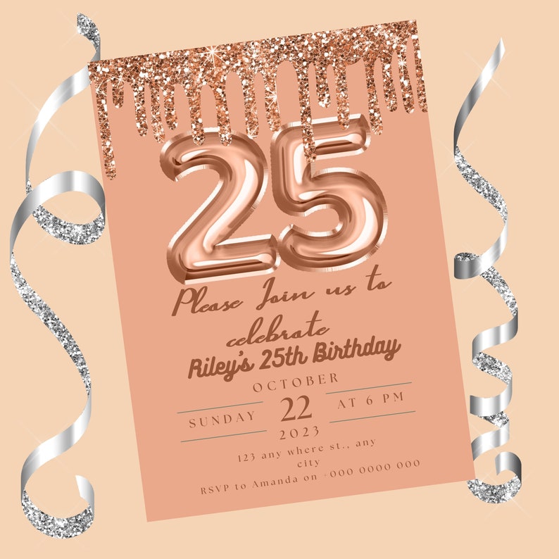 Editable 25TH Birthday Invitation Template Black and Rose Gold - Etsy