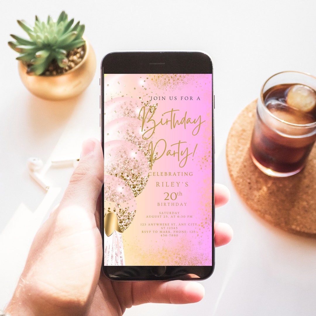 Digital Rose Gold Balloon Birthday Party Invitation, Electronic ...