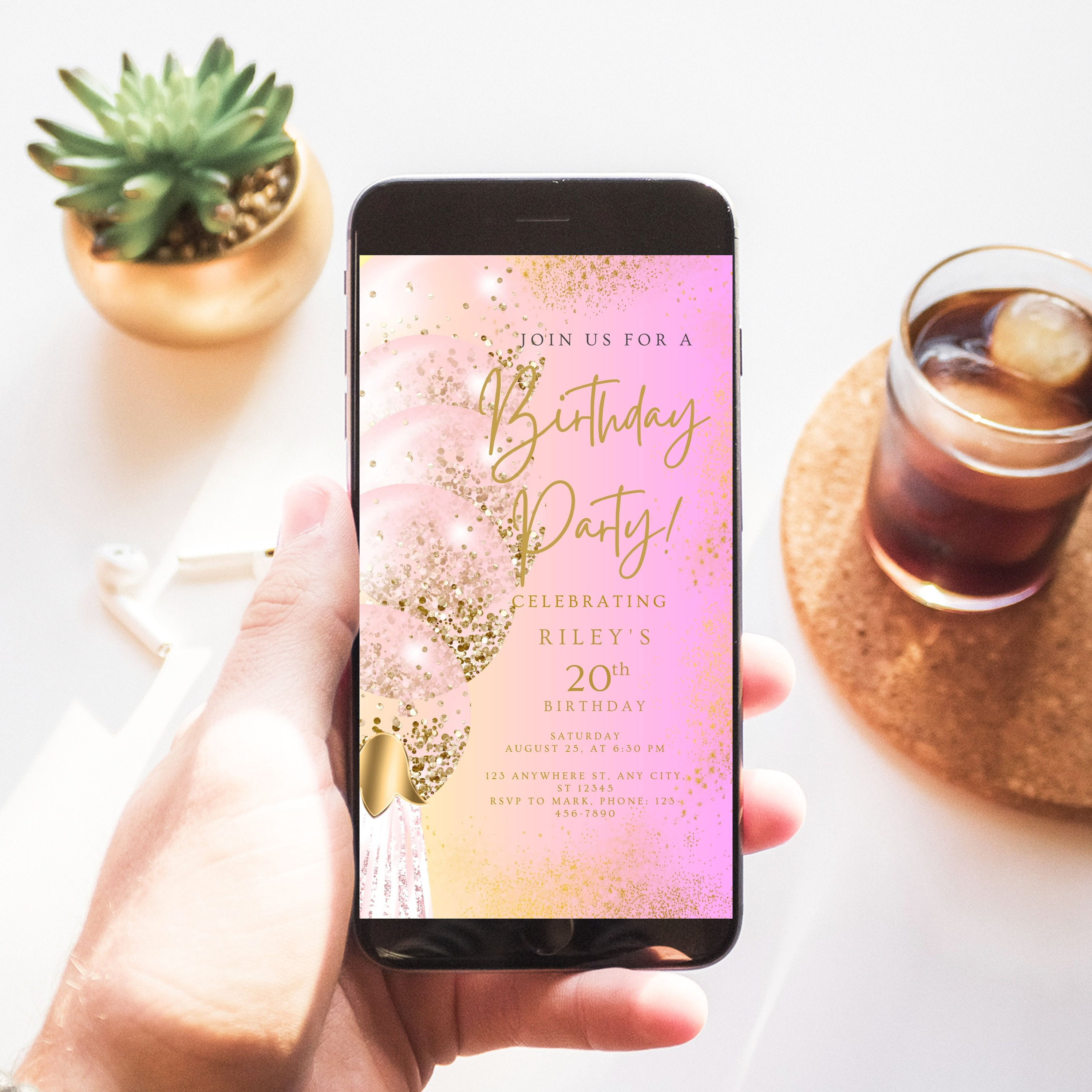 Digital Rose Gold Balloon Birthday Party Invitation, Electronic ...