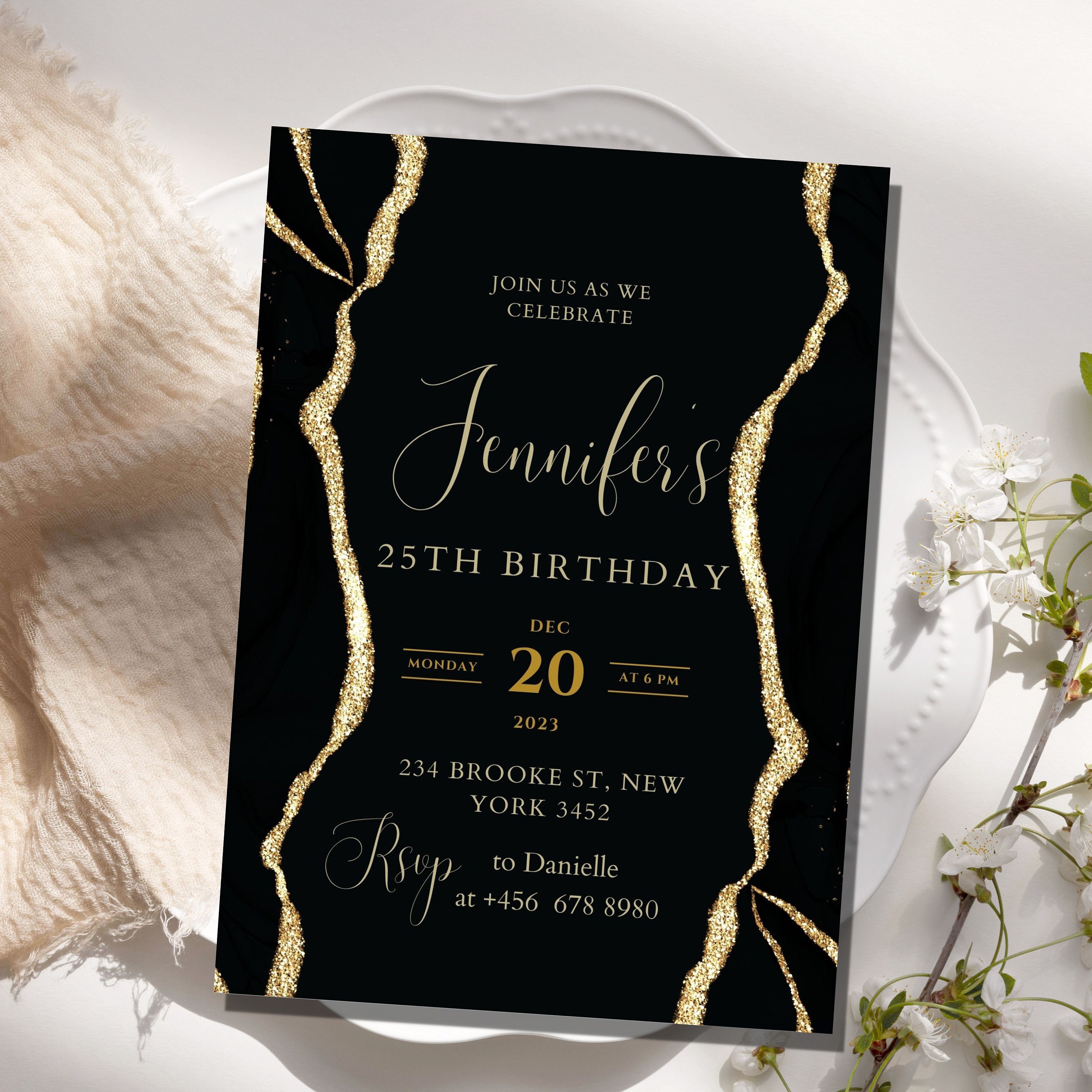 All Black Party Invitation, All Black Affair Invitation, Agate Birthday ...