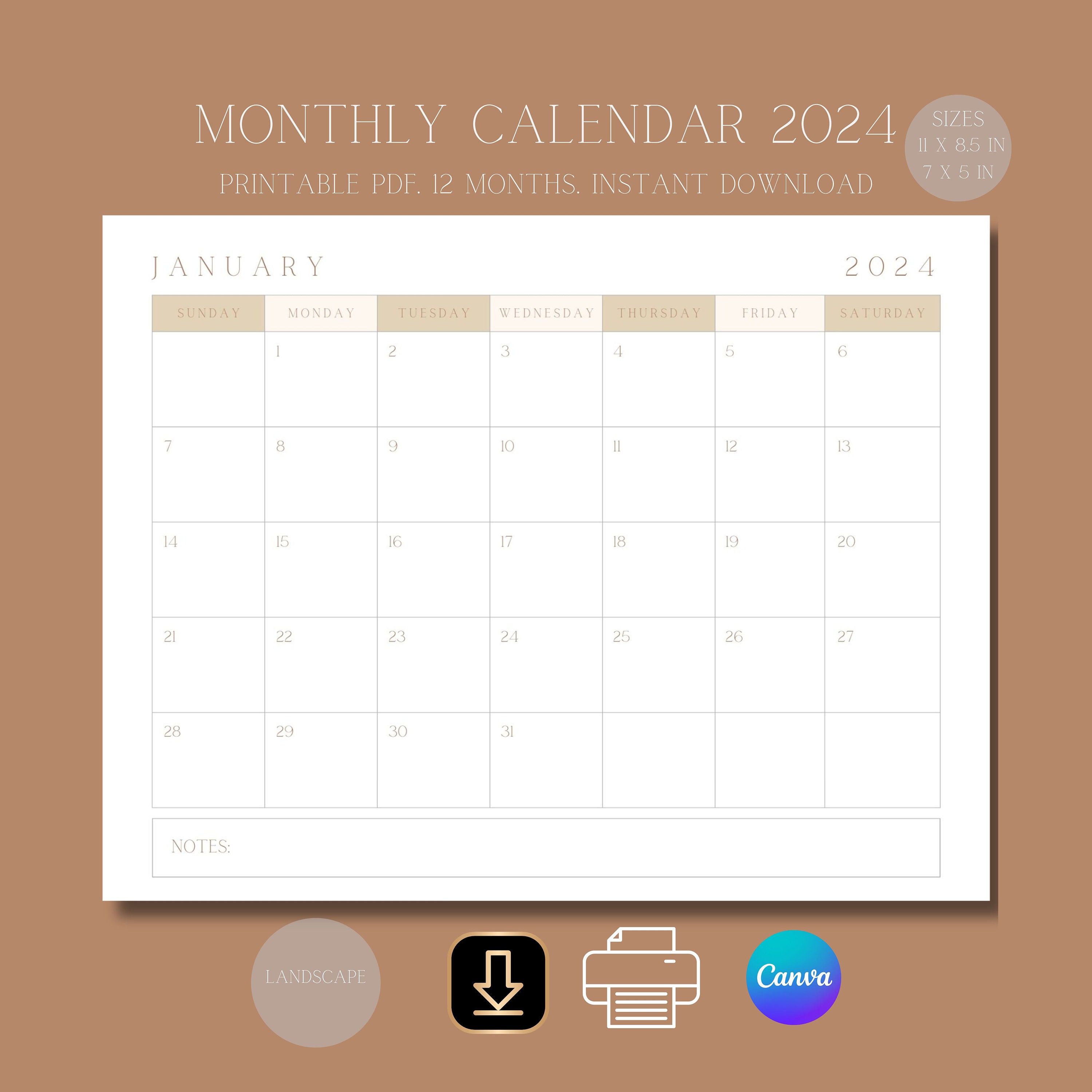 Printable Calendar 2024 Template Monthly Planner 2024 US Letter SIZE ...