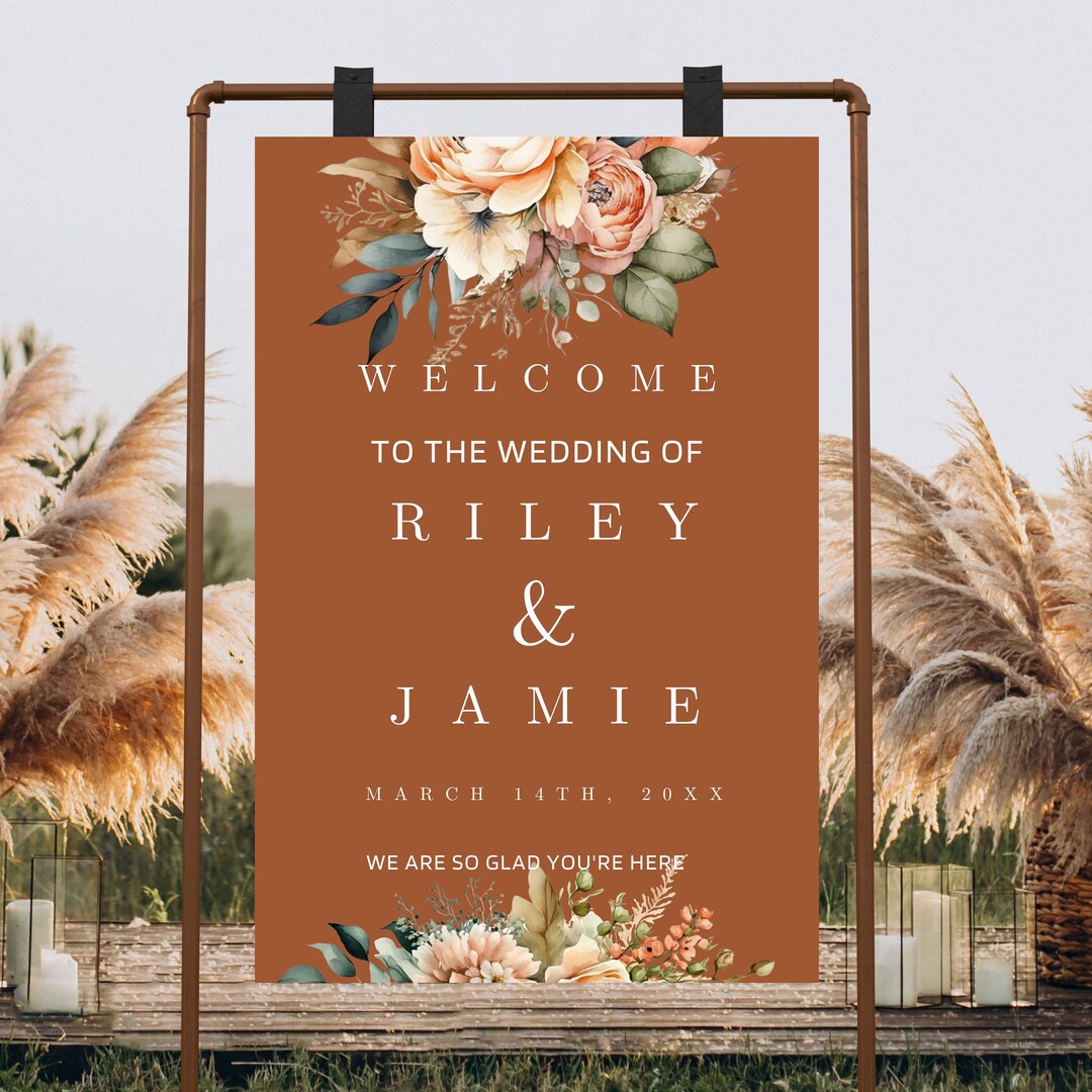 Boho Terracotta Wedding Welcome Sign Template Floral Burnt Orange Rose ...