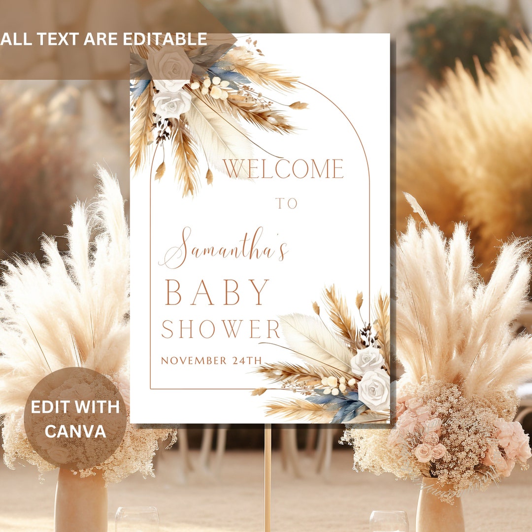 Pampas Grass Baby Shower Welcome Sign Template, Boho Welcome Baby ...