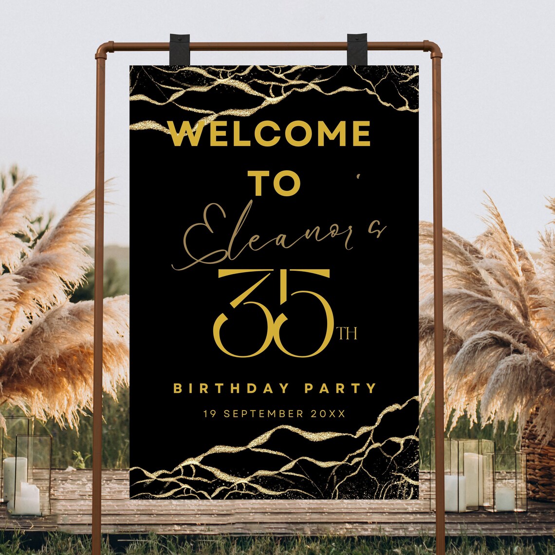 Editable Black Gold Welcome Sign Birthday Party Gold Balloons Welcome ...