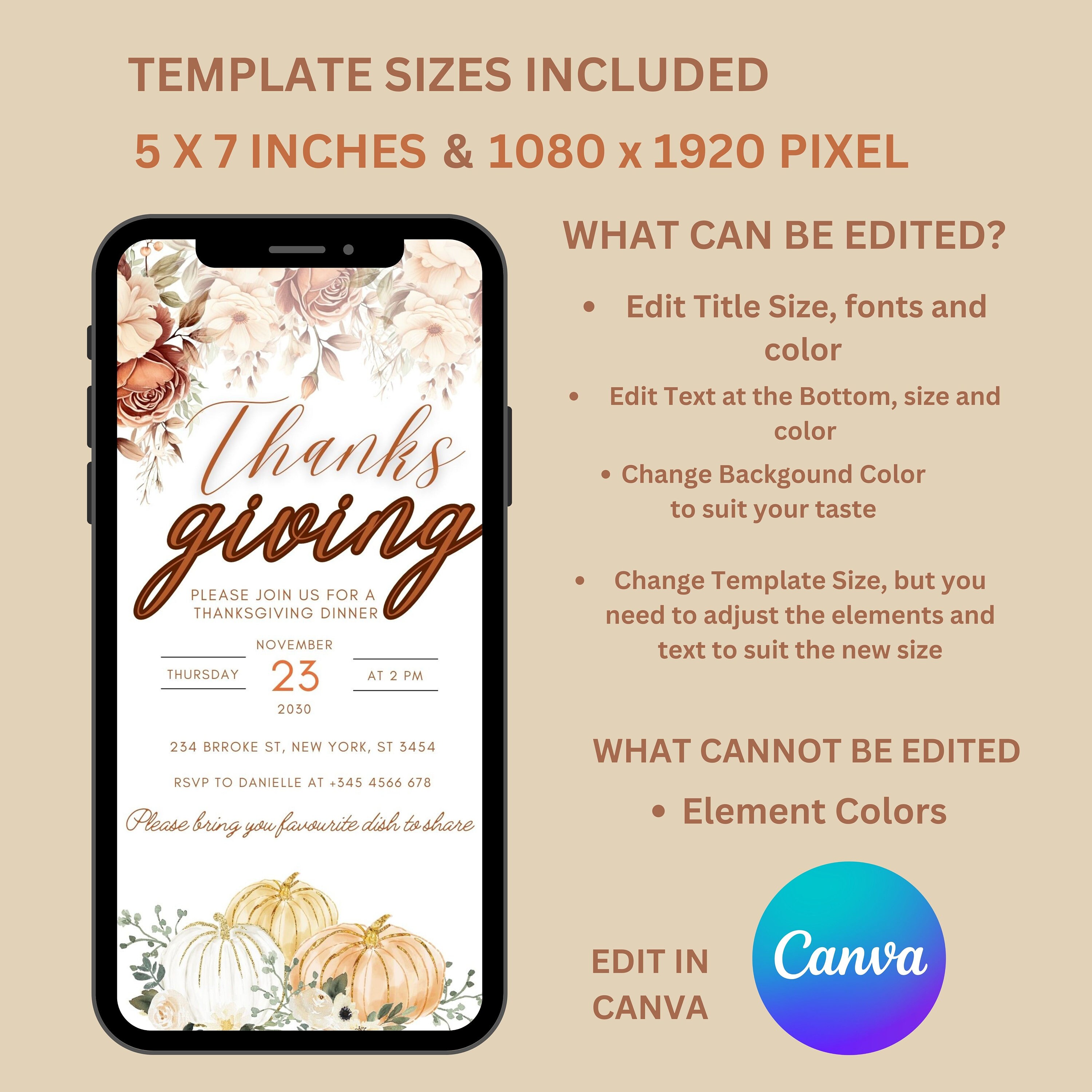 Thanksgiving Dinner Invitation Template, Editable Thanksgiving ...