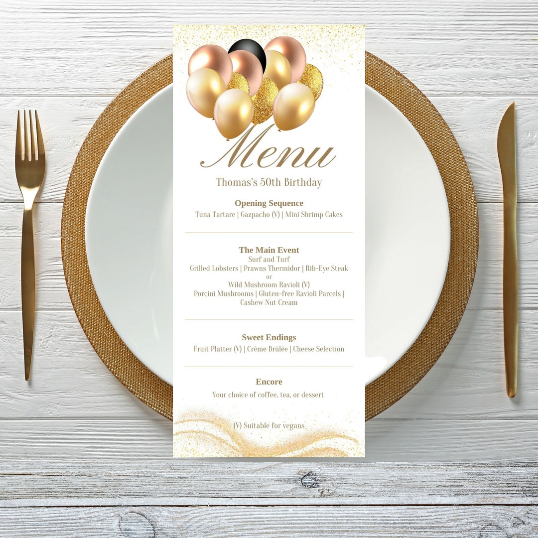 Neutral and Gold Birthday Menu Card Editable Template Men or Ladies ...