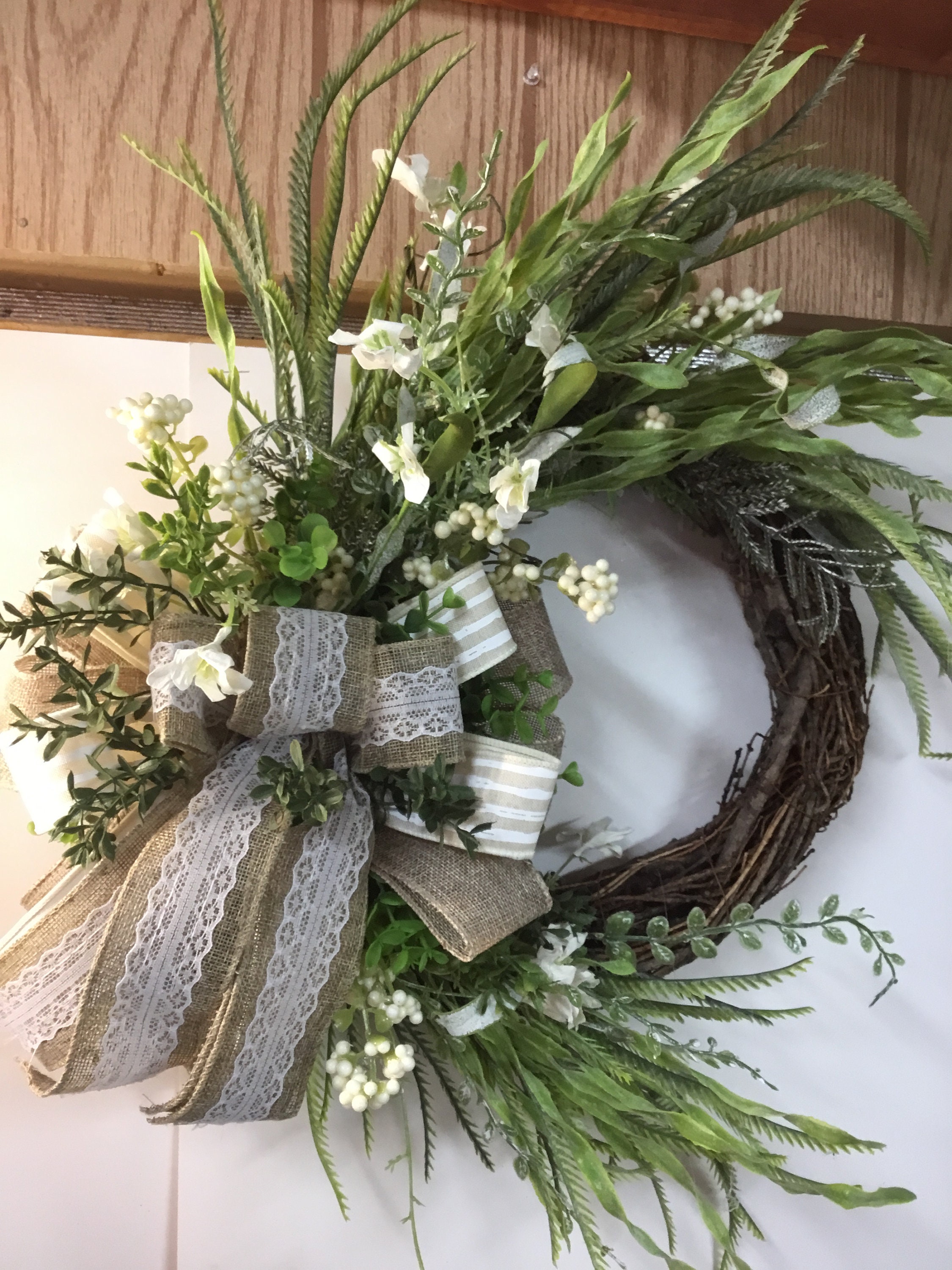 Grapevine Wreath With Greenery and Small White Flowers. Neutral Colored ...