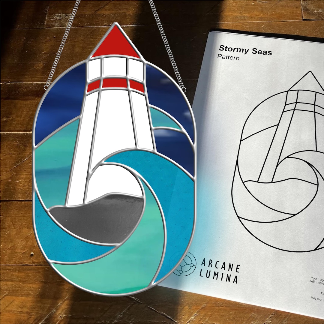 Lighthouse Stained Glass Pattern, Stormy Seas, Suncatcher, Digital ...