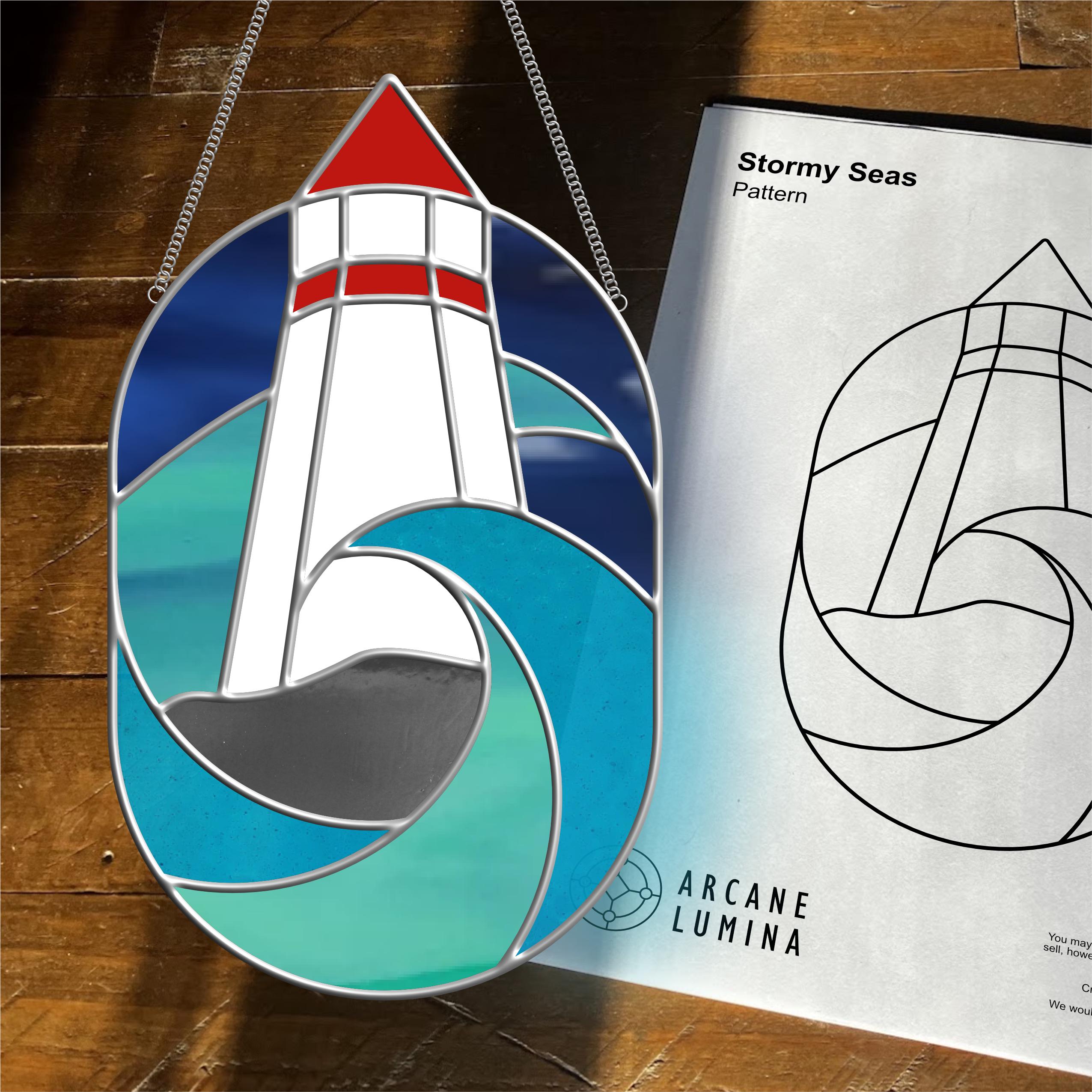 Lighthouse Stained Glass Pattern, Stormy Seas, Suncatcher, Digital ...