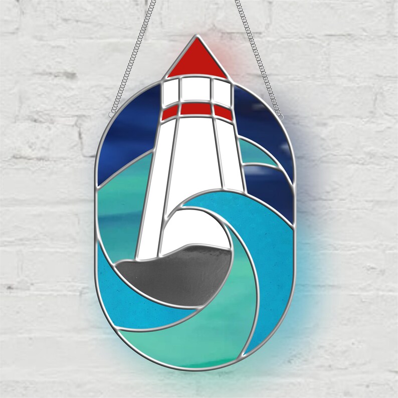 Lighthouse Stained Glass Pattern, Stormy Seas, Suncatcher, Digital ...